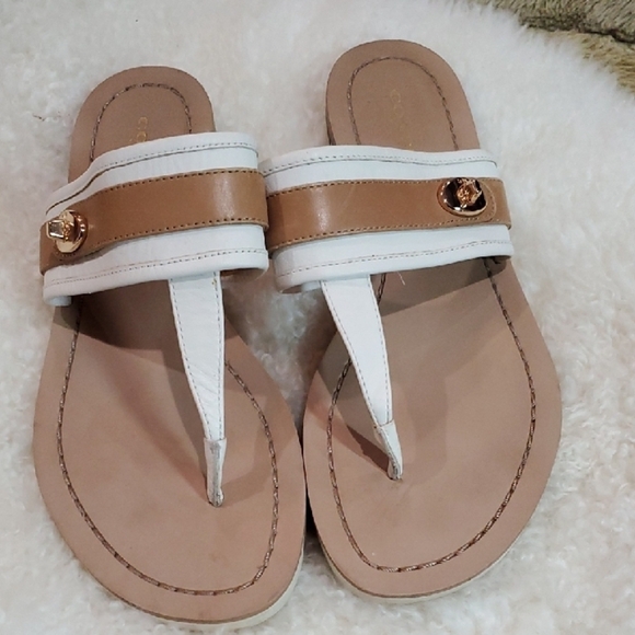 Coach | Shoes | Coach Eileen White And Tan Sandals With Thong Style And Leather Straps 75 | Poshmark